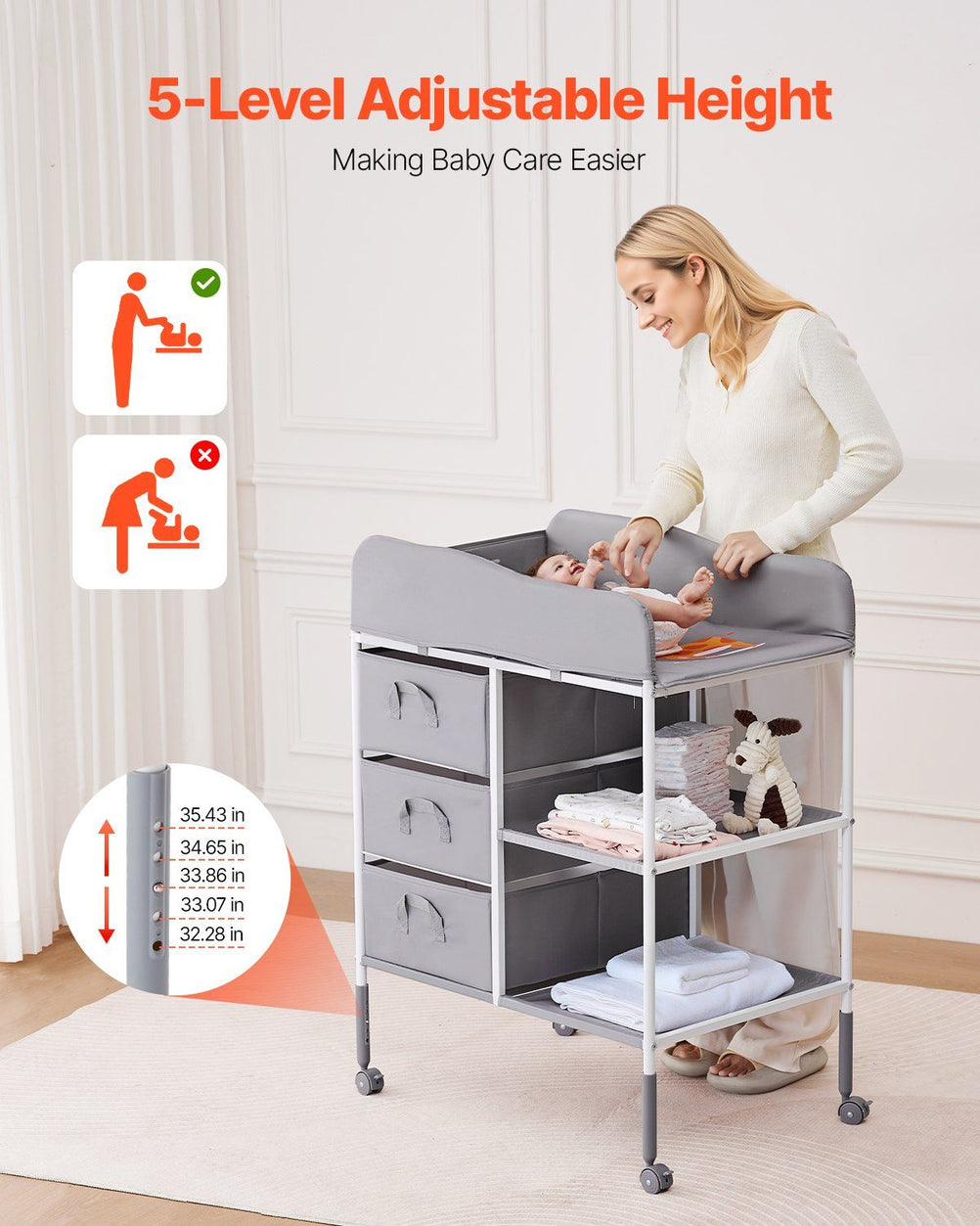Baby Changing Table Portable Diaper Change Station with 3 Drawers & Wh